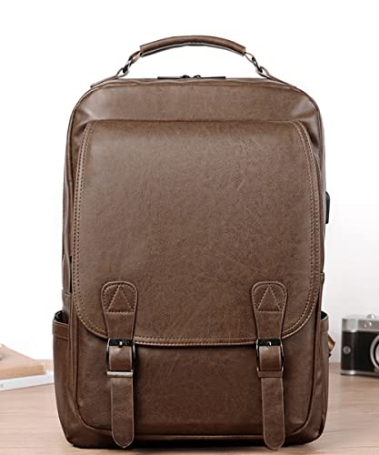 AKAKA Men Brown Outdoor Backpack Imitation Leather Weekend Bag Leisure Bag Carrying Backpack Old Fashion Traveling Laptap Backpack with USB Port.