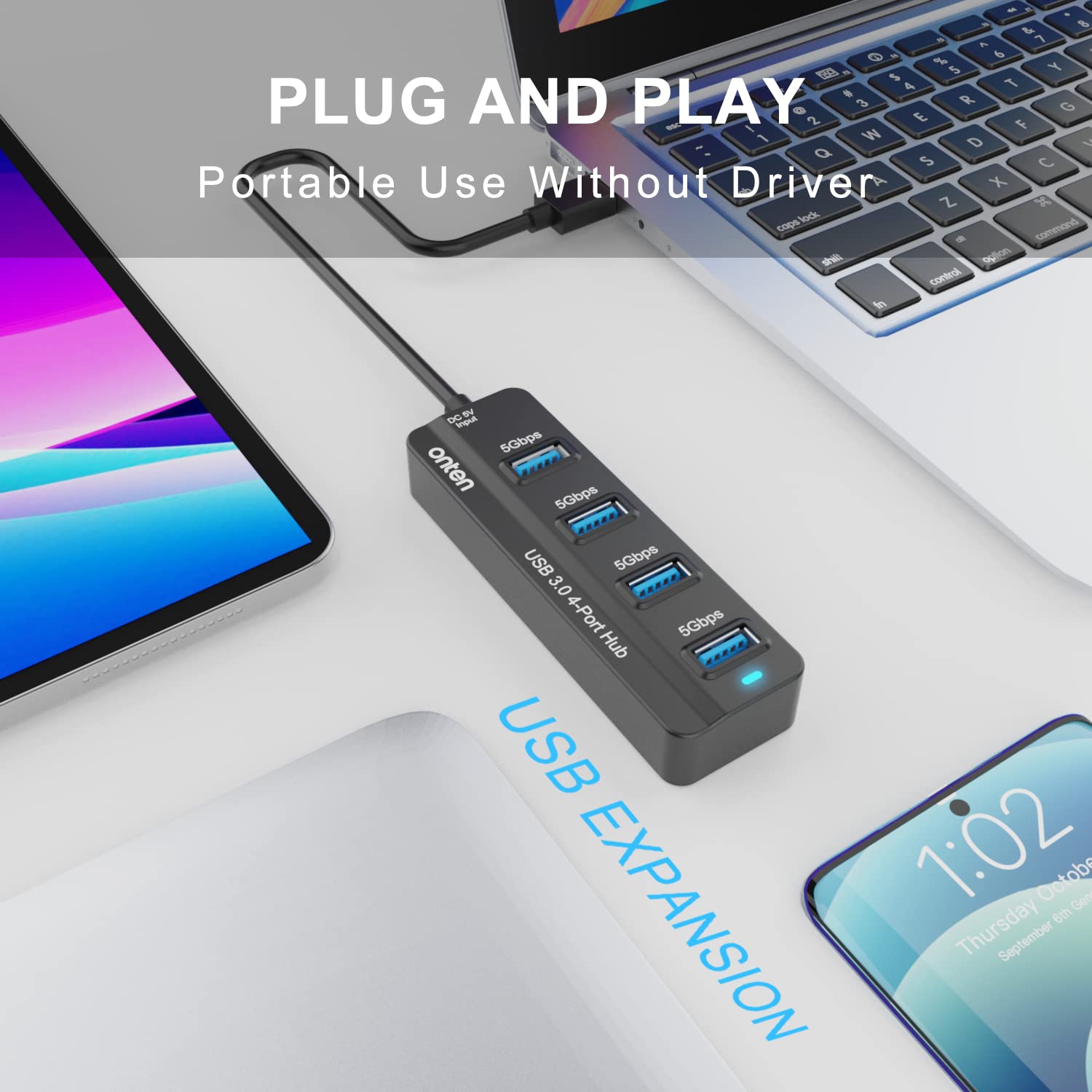 4 port USB HUB, Onten USB 3.0 HUB, USB Splitter with 1.6 ft cable 4*USB3.0 port for laptop MacBook Surface Pro and more USB Devices