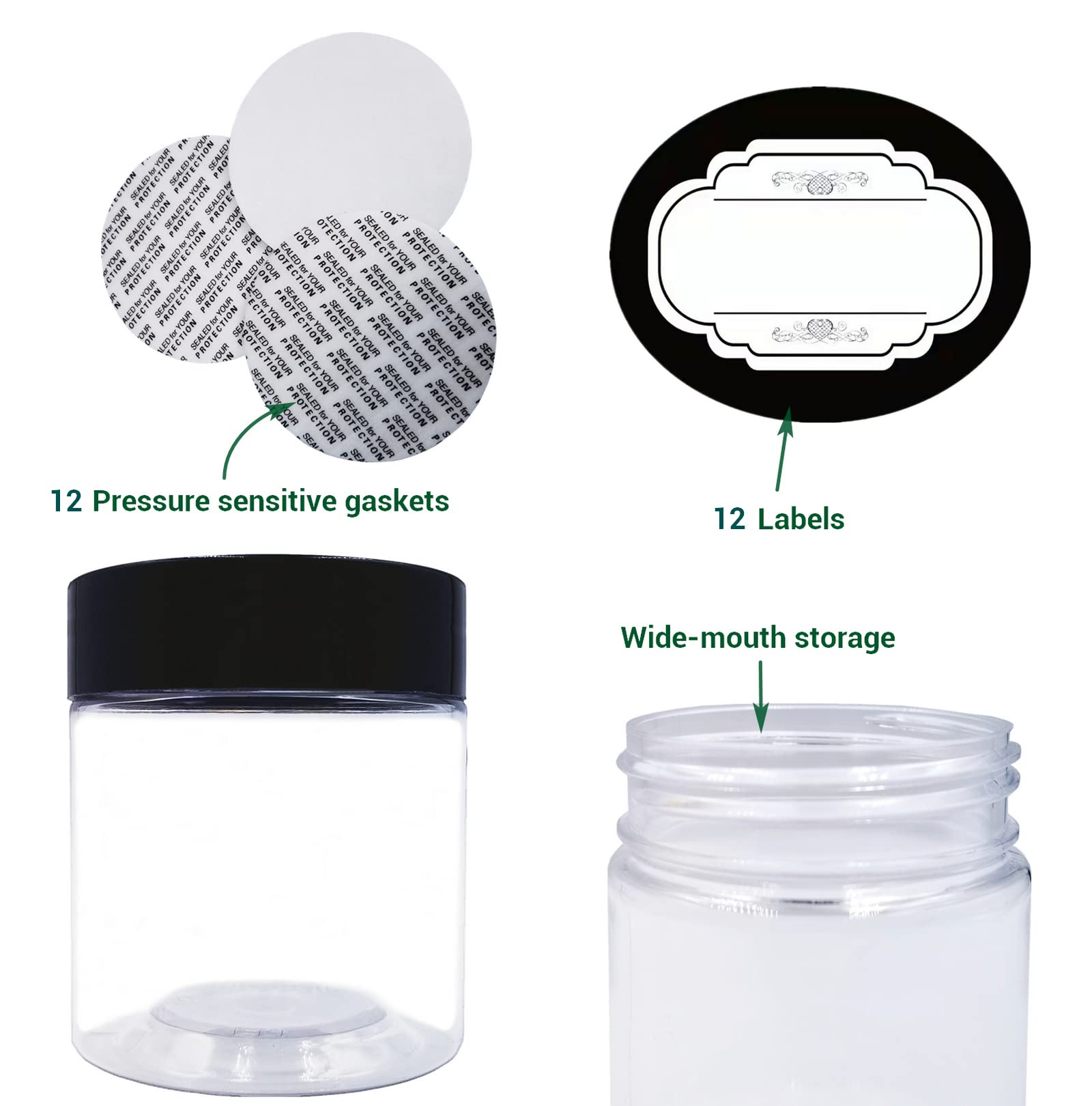 4oz Plastic Jars with Lids,12 Labels,Refillable Empty Round Containers,Pack of 12, Perfect for Cosmetic,Kitchen,Body Scrubs,Lotion,Personal Care Products and more