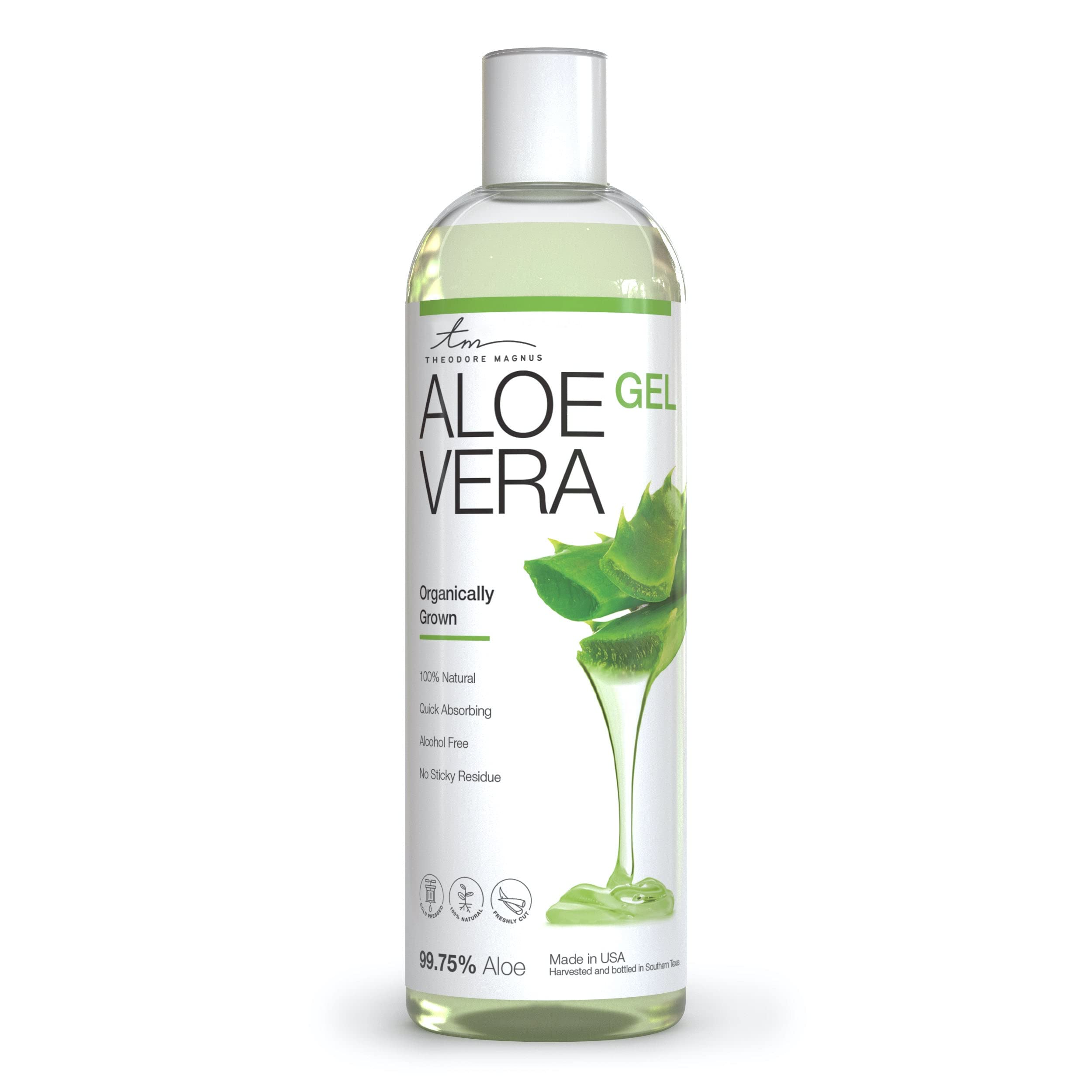 THEODORE MAGNUS Organic Cold Pressed Aloe Vera Gel - Great for Skin and Hair - Sun Burn Relief, Moisturizing, Dry Skin, Acne, Razor Bumps, and more - Grown and Bottled in US - 12 Fl Oz