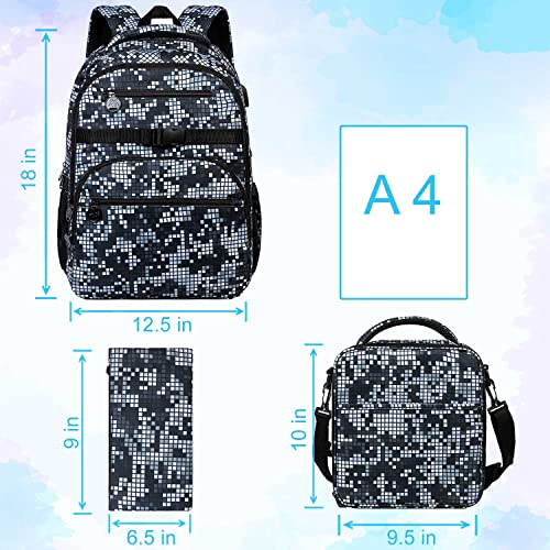 AGSDON Laptop Backpack, 16 Inch School Bag College Bookbag, Anti Theft Daypack Bags and Lunch Bag Set, Water Resistant Backpacks for Teens Boys Men Students(Black)