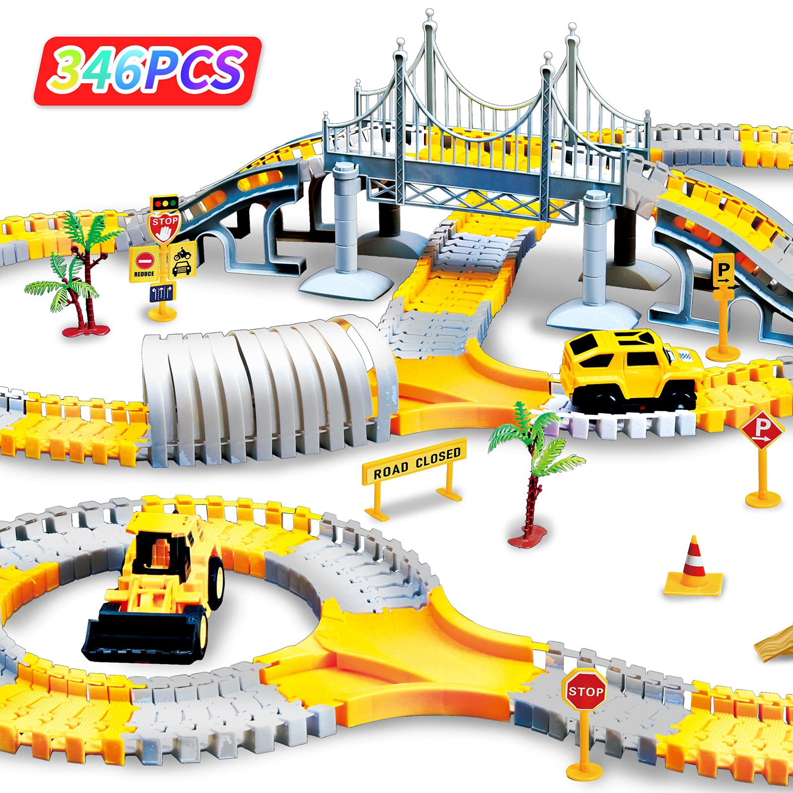 LIKID 346PCS Construction Race Tracks for Kids Boys Toys,Track Series,Construction Car and Flexible Track Playset Create A Engineering Road Toys for 3 4 5 6 7 8 Years Old Boys Girls DIY Gift