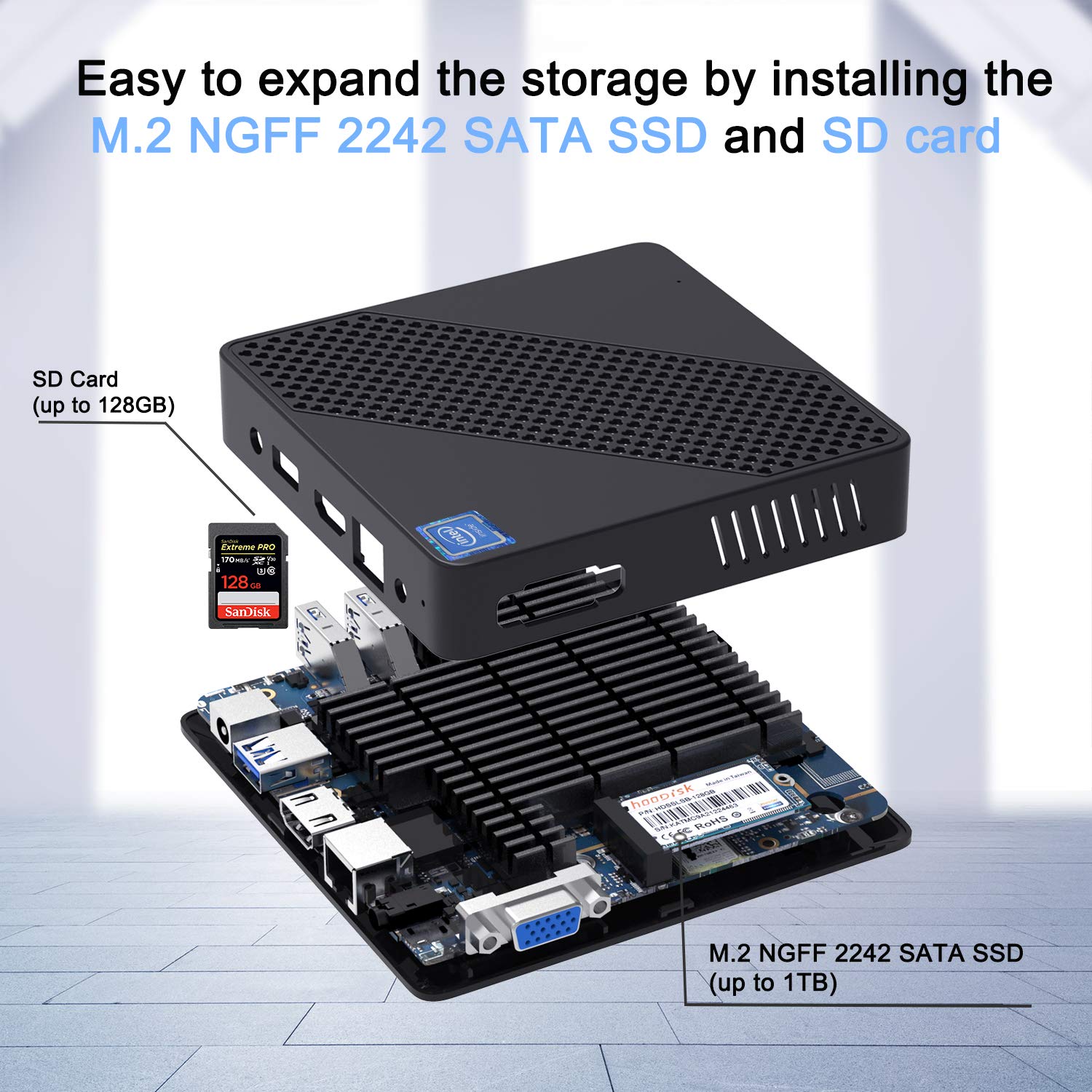 MINISFORUM N40 Mini PC UHD 4K@60Hz Celeron N4020(up to 2.8GHz) Fanless Mini Computer, DDR4 4GB+64GB eMMC, DIY SSD, Dual Band WiFi, HDMI&VGA Desktop Mini Computer