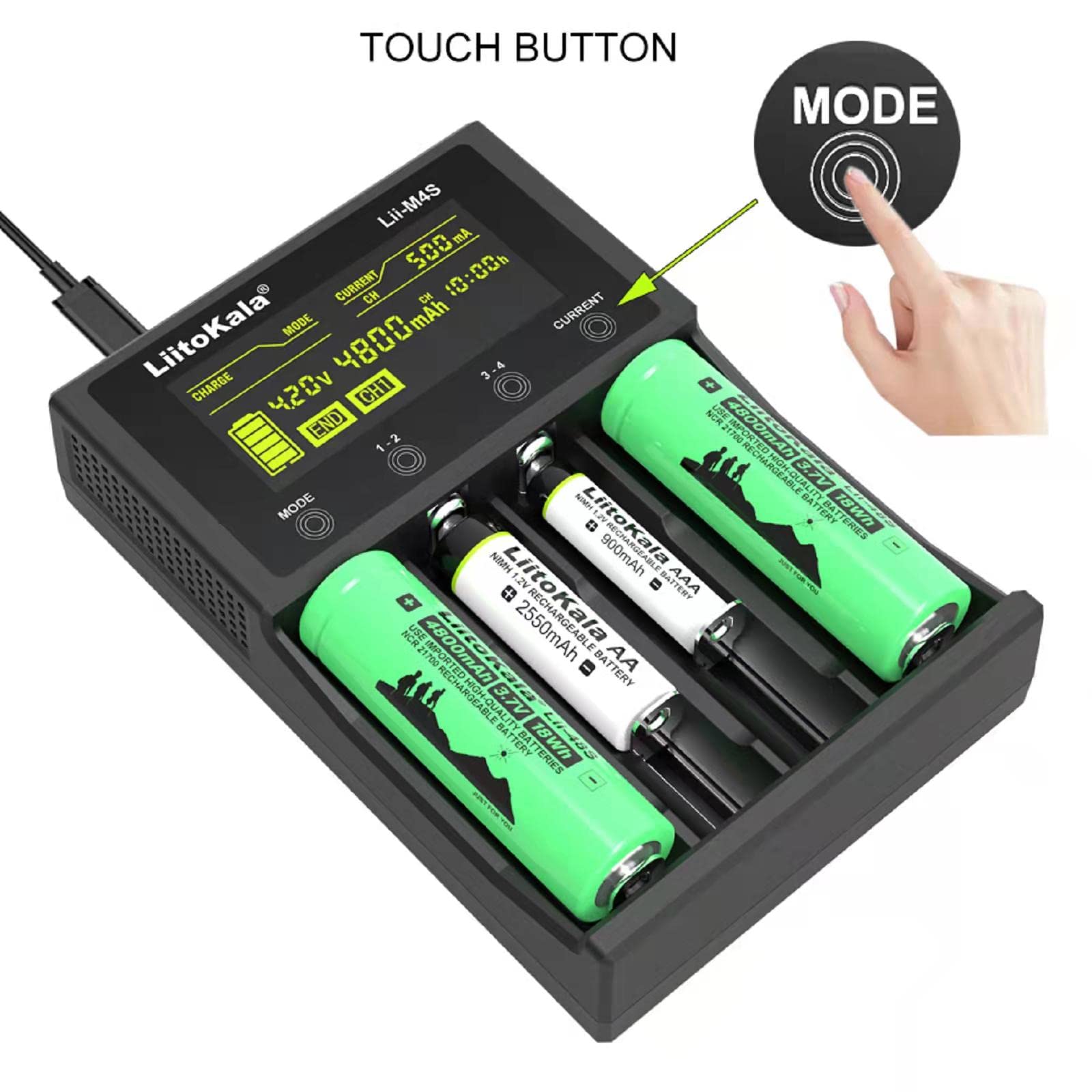 4-Bay 18650 Battery Charger,Test Battery Capacity,Touch Button,Universal Battery Charger for: 3.7V 26650 20700 18650 18350 1.2V NiMH/Cd AA AAA Size Batteries