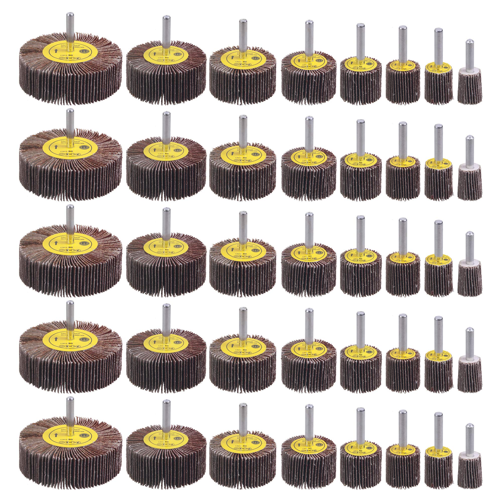 40 Pack 1/4" Abrasive Flap Wheel Sander Set, Rocaris 80 Grit Aluminum Oxide Flap Wheels Cylindrical Shape Sanding Wheel, 8 Sizes