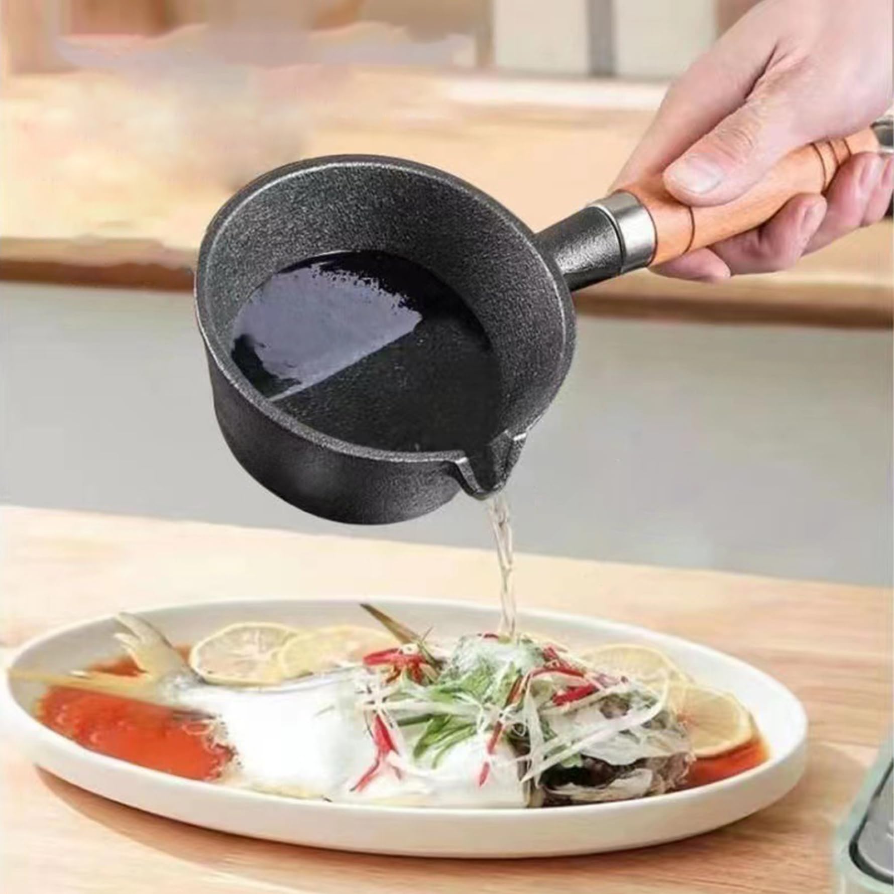Small Cast Iron Pot Butter Melting Pot, Non-stick Cast Iron Sauce Pot with Wood Handle, Small Cast Iron Melting Pot, Hanging Butter Warmer for Milk Type 1