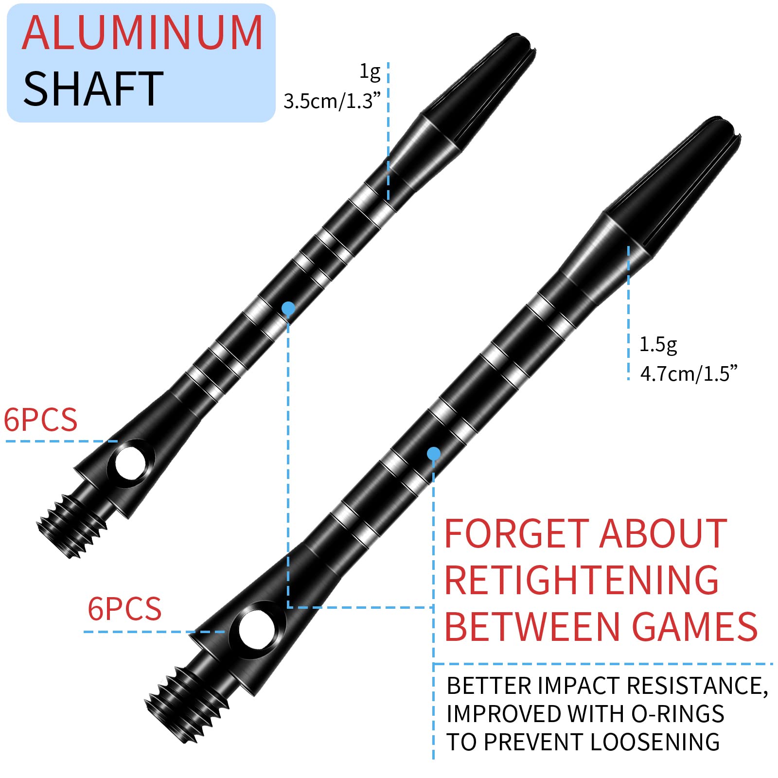 30 Pcs Medium Dart Shafts for Soft and Steel Tips 2BA Thread Aluminium Alloy Dart Stems 50 mm 53 mm with Rubber Rings Replacement Harrows Dart Accessories and Flights
