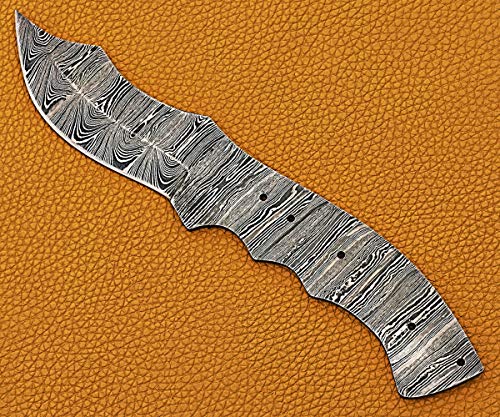 9" Long Dao Blade, Hand Forged Ladder Pattern Damascus Steel Blank Blade, 4.5" Long Blade with 4" Cutting Edge, 4.5" Finger Serrated Scale with 5 pin Holes