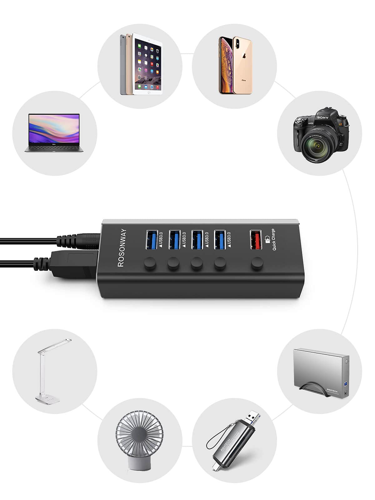 Powered USB Hub Rosonway Aluminum 5 Port USB Hub Expander with 4 USB 3.0 Data Ports and 1 Fast Charging Port, USB Hub 3.0 Splitter with 24W(12V/2A) Power Adapter and Individual Switches (RSH-A35)