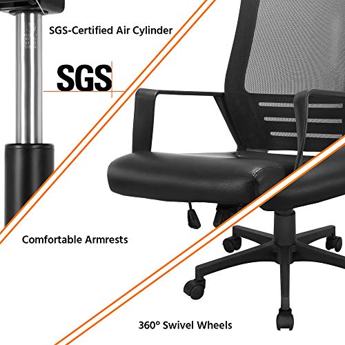 Yaheetech Ergonomic Office Chair Leather Seat and Mesh Back Combine Computer Chair Executive Chair Mid-Back Rolling Swivel Chair w/Lumbar Support and Armrests Adjustable Height for Office,Black