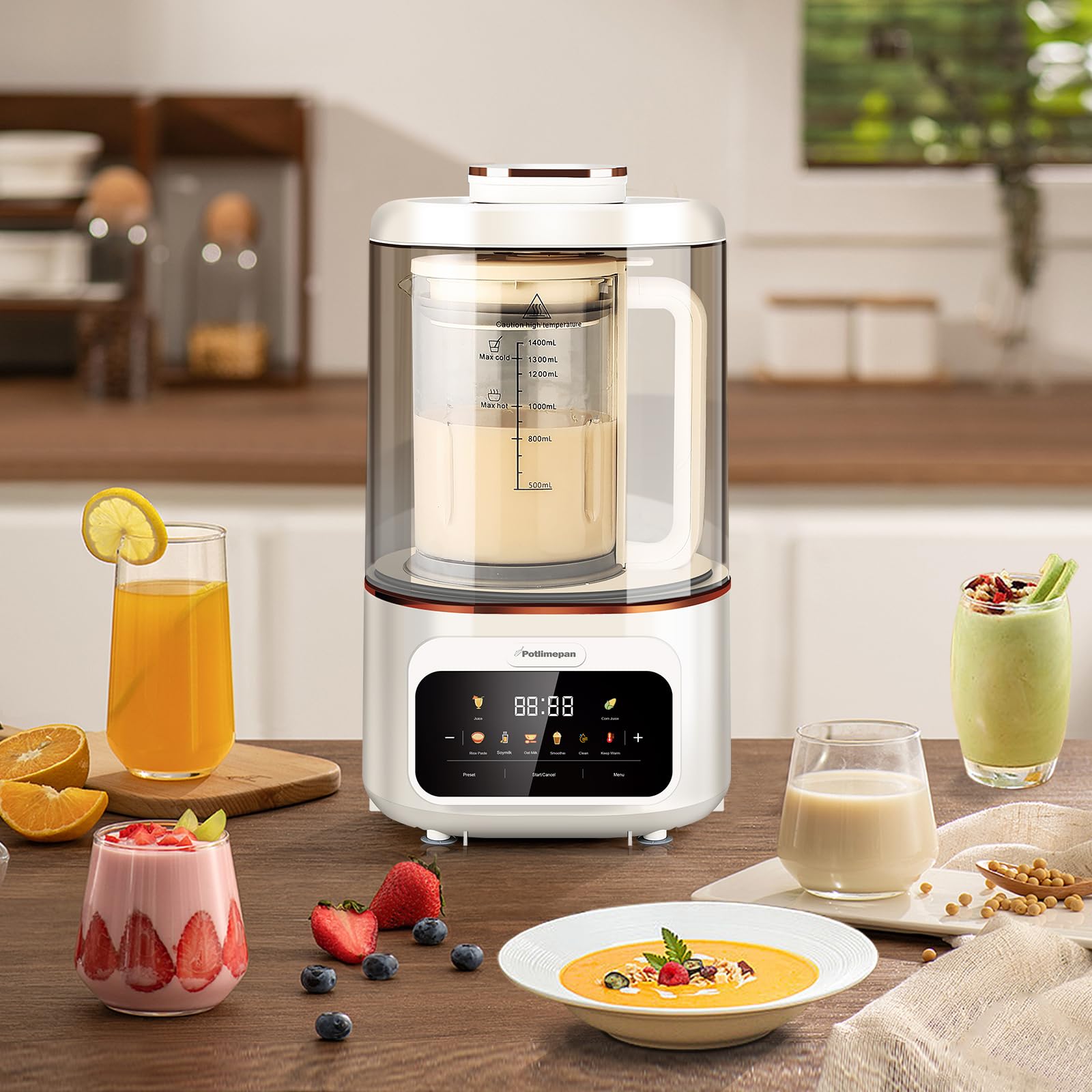 Potlimepan 8in1 Quite Cooking Blender, 1.4L 600W Countertop Blender with Silent Shield, Hot&Cold Kitchen Blender 8 Programs with 24H Preset, Self-Cleaning, for Smoothie Soy Milk Oat Milk and Juice