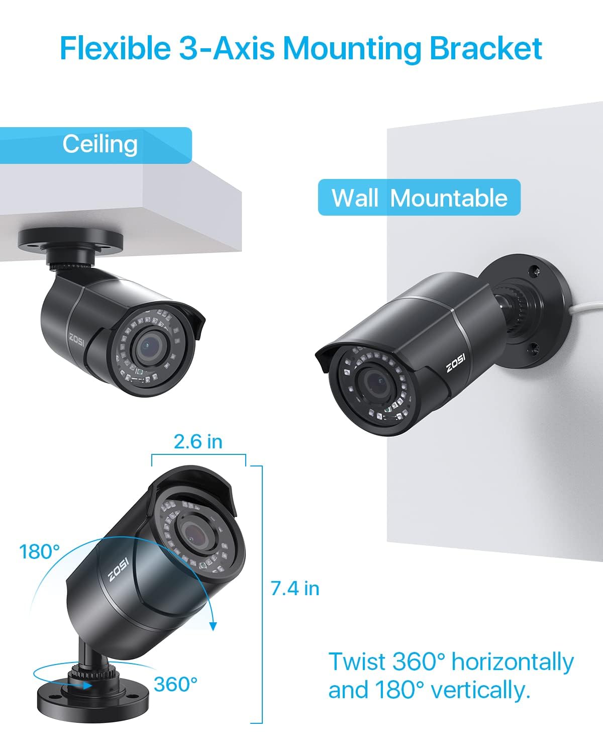 ZOSI H.265+2MP Security POE Camera, 1920x1080, 120ft Night Vision, 3.6mm Lens, IP67 Weatherproof Indoor Outdoor IP Camera 1080p (Only work with ZOSI PoE NVR,Model: 1AR-08EM-00/10/20-US)