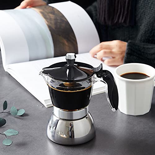 4 Cup Stainless Steel Stovetop Espresso Maker, 200ml/6.8oz Crystal Glass-Top Moka Pot, Mocha Coffee Maker