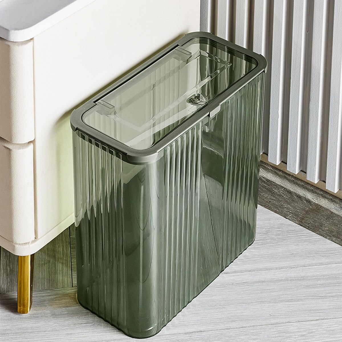 Aiabaleaft Transparent Trash Can Bathroom Trash Cans with Lids Plastic Slim Waste Basket with Press Top Lid 3.9 Gallon/15L Clear Garbage Can for Bathroom, Bedroom,Office (Transparently Green)