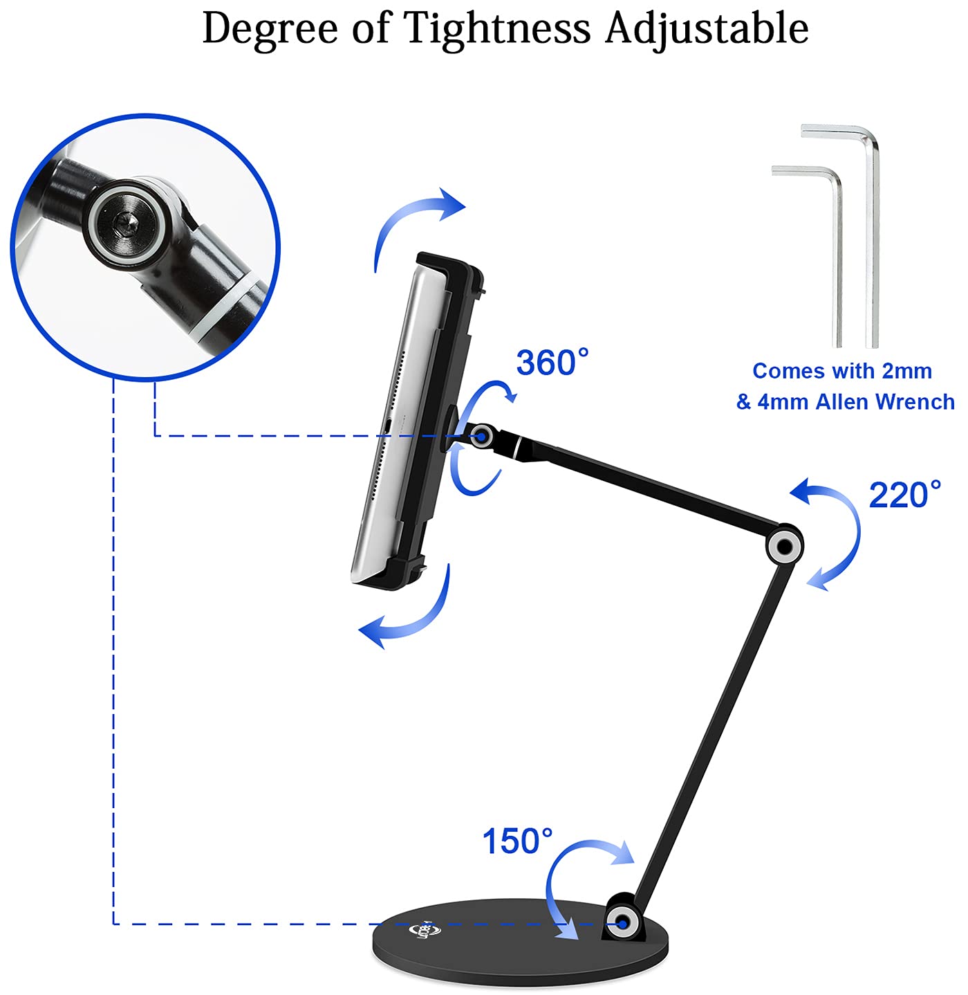 KABCON Tablet Stand,Tightness Adjustable 360°Rotatable Multi-Angle Eye-Level Aluminum Solid Long Arm Tablets Stands for iPad Series,Microsoft Surface Tablet Series,Samsung Galaxy Tabs,Kindle Fire,etc