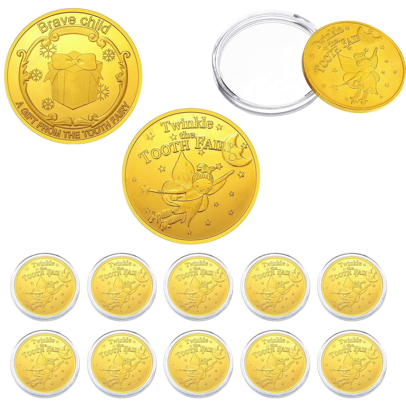 Tooth Fairy Gold Coins for Kids Boys Girls Lost Teeth Reward Commemorative Coin Tooth Fairy Golden Coin with Plastic Case No Fading Tooth Fairy Commemorative Coin for Lost Tooth Kids (10 Pieces)
