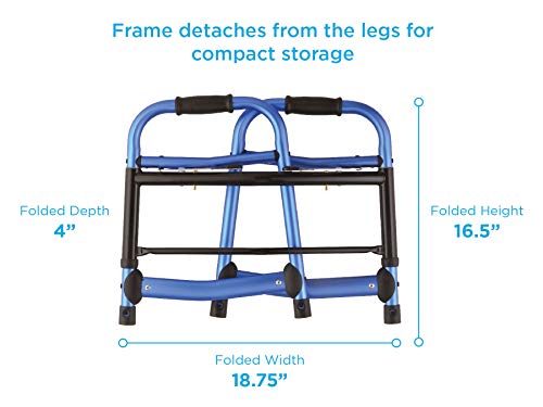 NOVA Medical Products Folding Walker with 5” Front Wheels, Glide Skis and Mobility Bag, Portable and Great for Travel, Blue