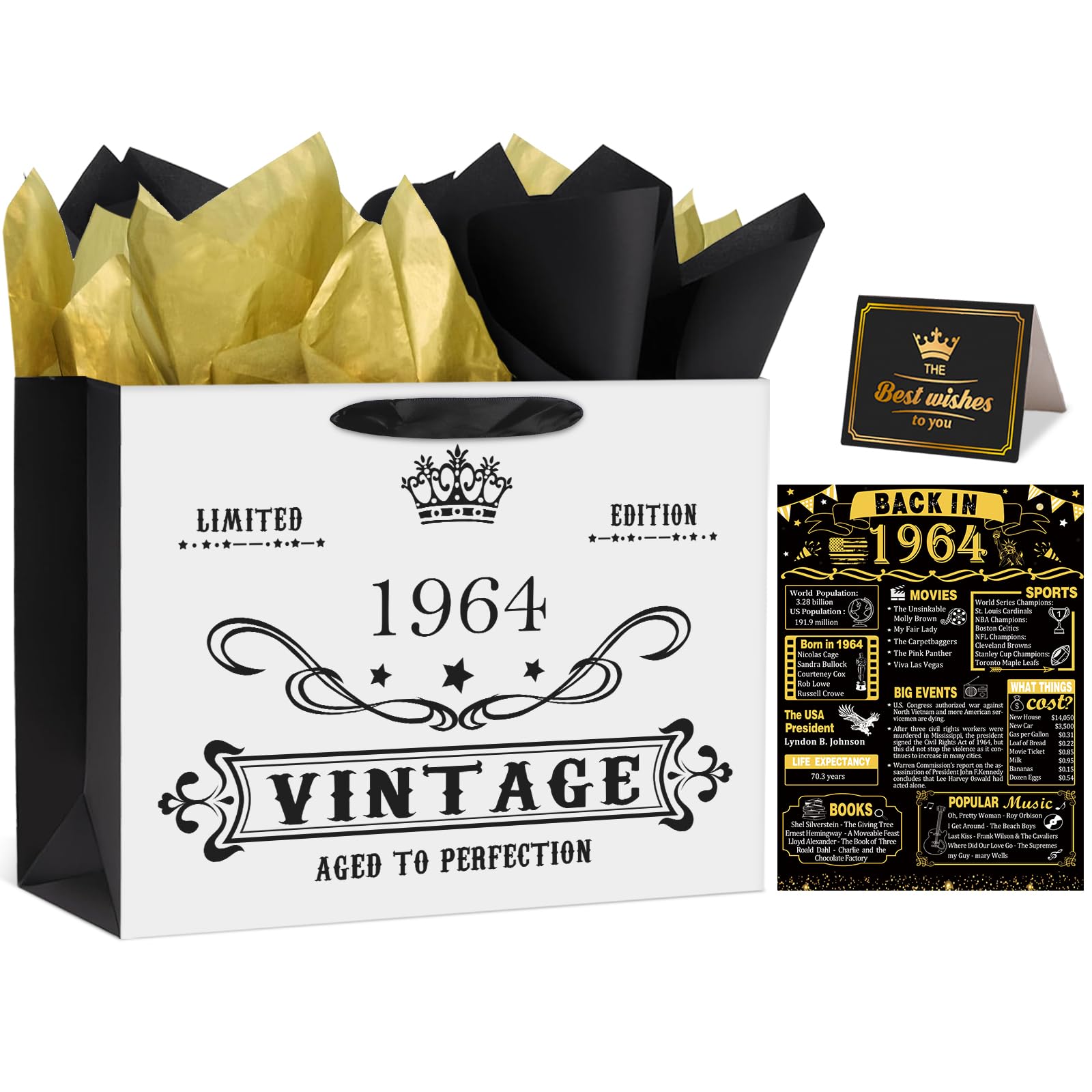 60th Birthday Gift Wrap Bag Vintage 1964 Gift Bag, 60th Birthday Decorations Paper Bag with Tissue Paper & Back in 1964 Poster, Happy Birthday Gift Bag for 60 Years Old Women/Men 13" x 10" x 5"