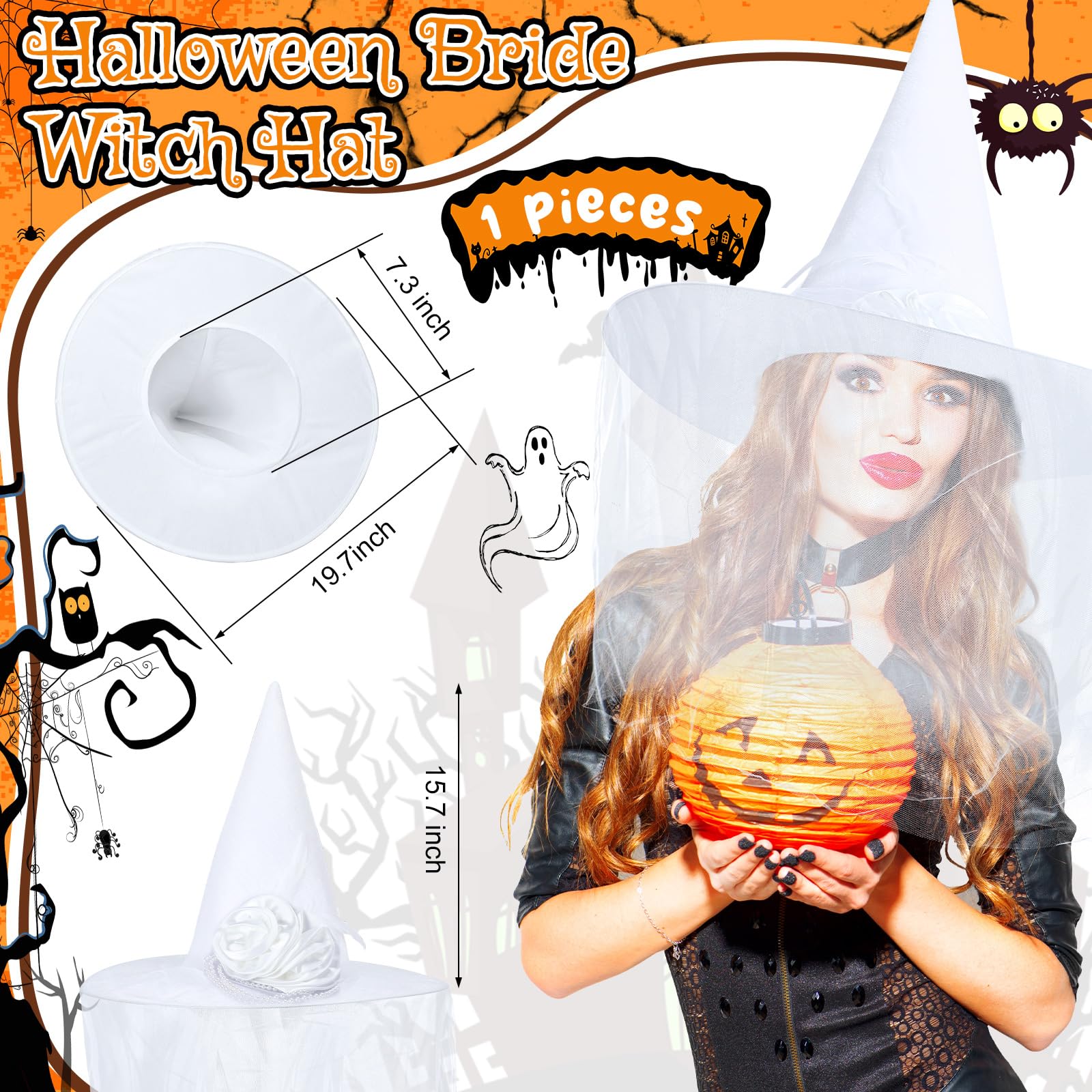 Panitay Halloween Bride Witch Hat White Witches Hat with Veil Flower Feather Accessories Witch Costume for Women