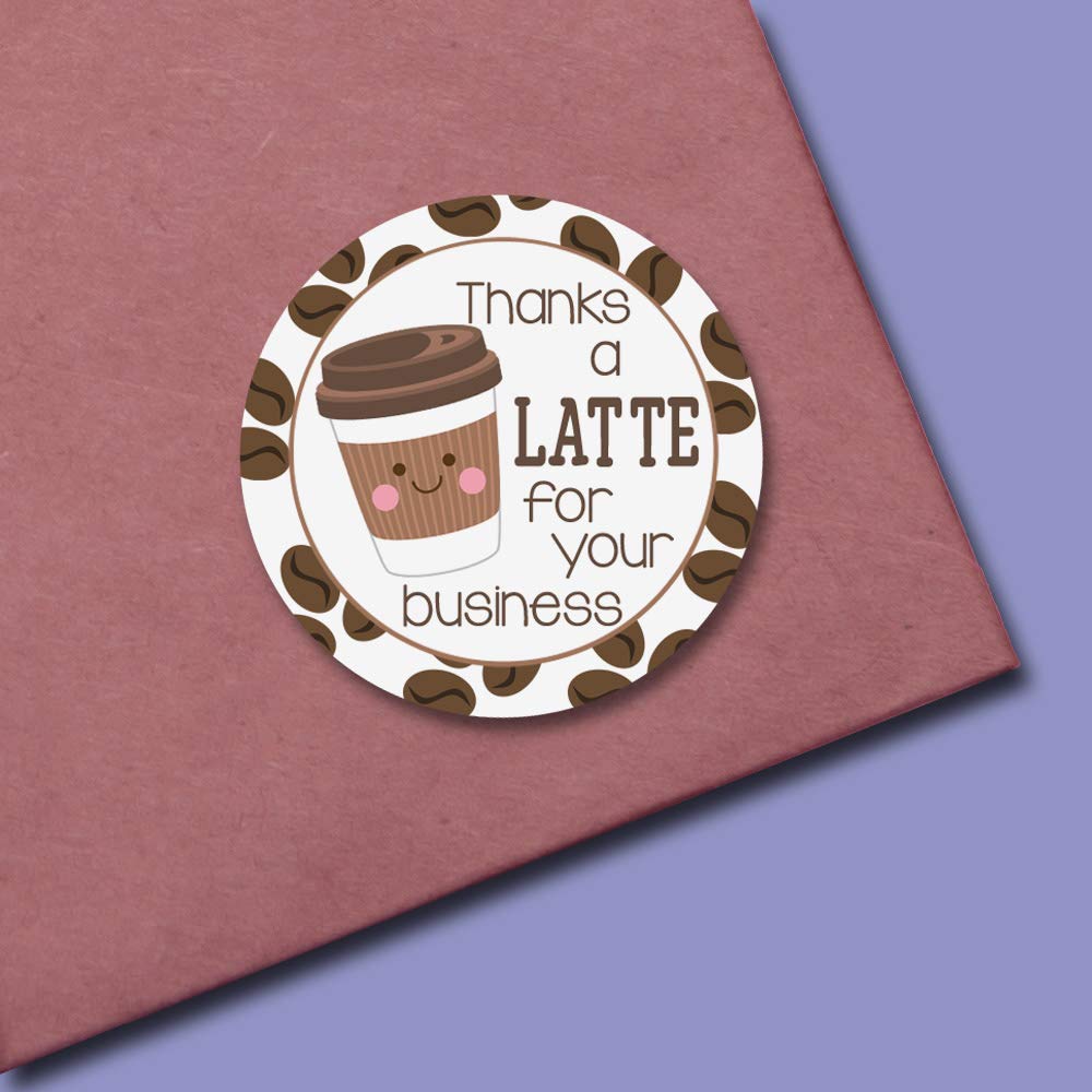 Thanks A Latte Coffee Themed Thank You Customer Appreciation Sticker Labels for Small Businesses, 60 1.5" Circle Stickers by AmandaCreation, Great for Envelopes, Postcards, Direct Mail, & More!