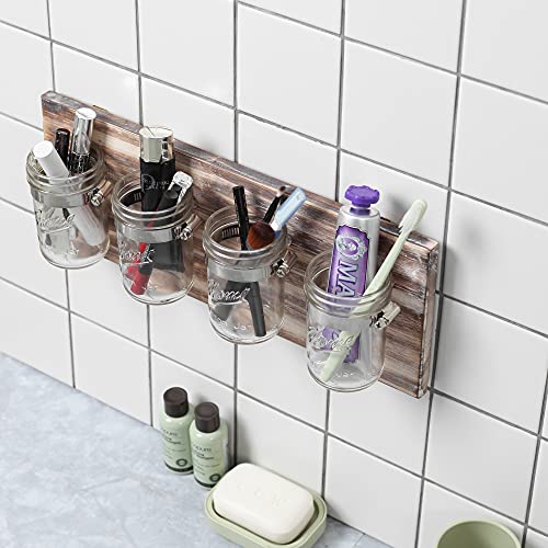 Rustic Hanging Mason Jar Organizer- BeSuerte Farmhouse Home Mason Jar Decor Toothbrush Holder, Wall Mount Decor 4-Jar for Office, Bathroom, Kitchen, and Entryway Decor Storage,Brown