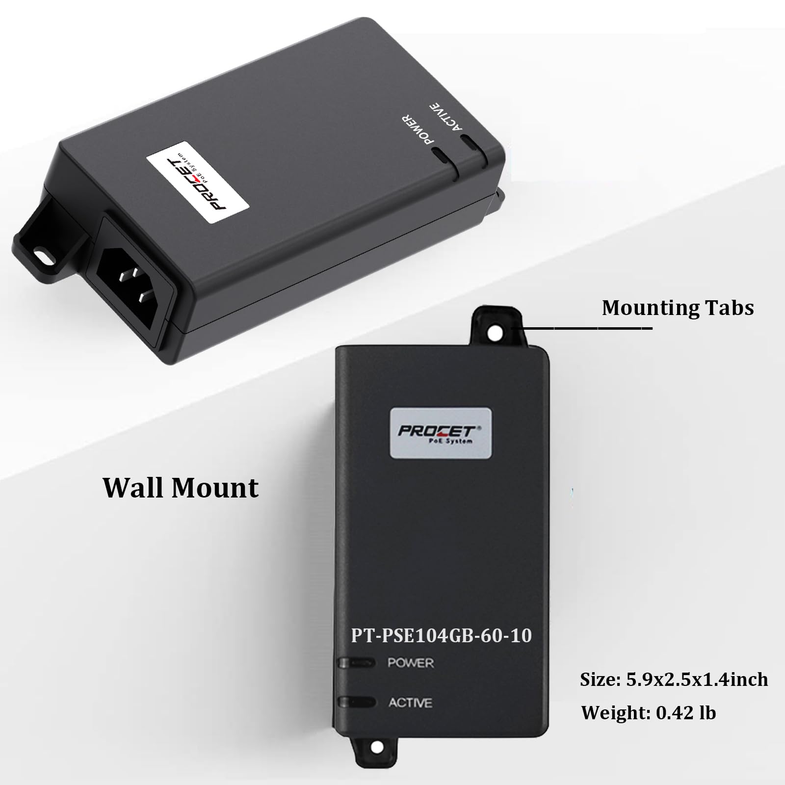 PROCET 10 Gigabit PoE Injector 60W PoE++ Power Injector IEEE802.3at/af Compliant for Wireless AP, WiFi 6, PTZ Camera, PoS, Kiosks, PT-PSE104GB-60-10