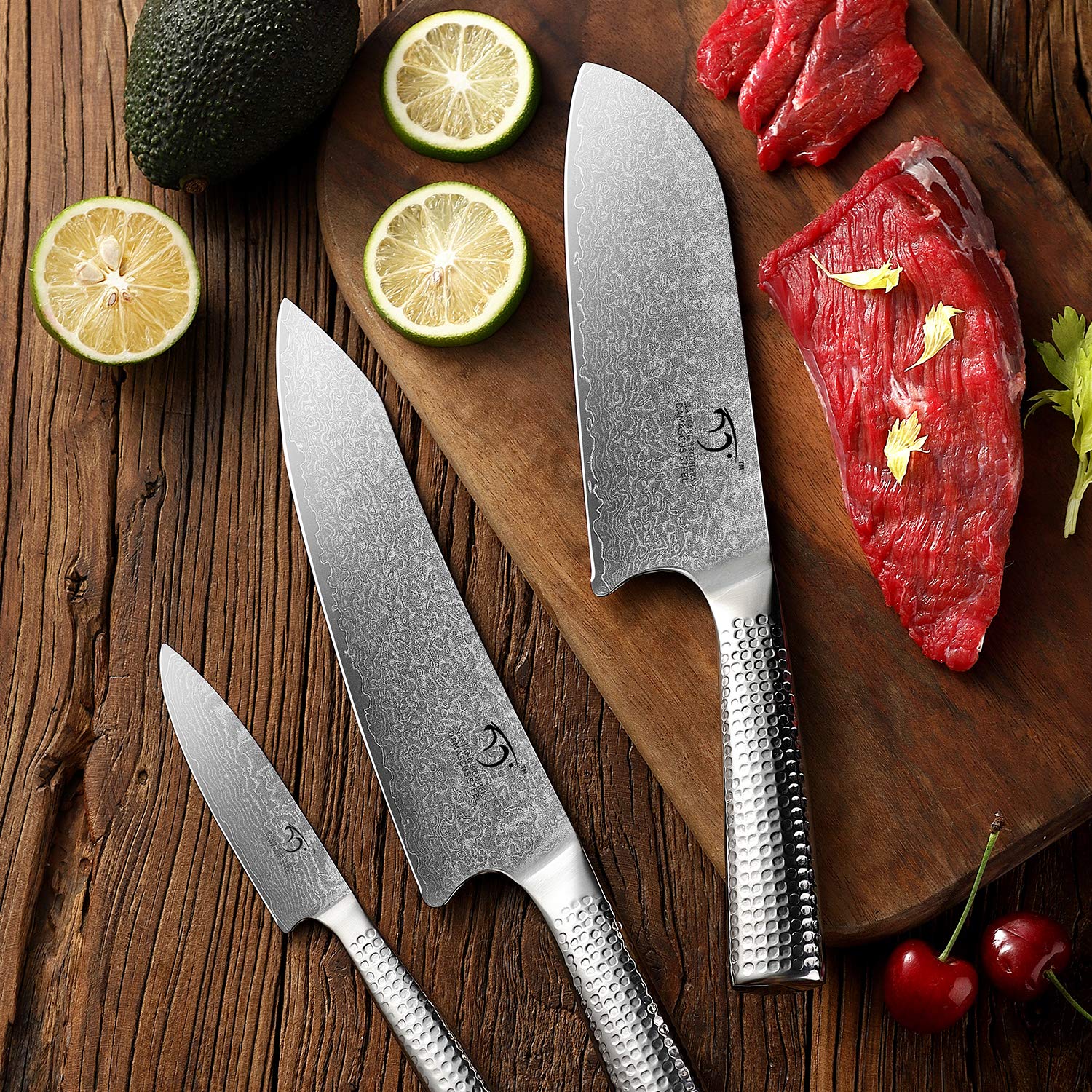 4 Pieces Damascus Kitchen Knife Set with Block, 8β Chef Knife, 7β Santoku Knife, 3.5β Paring Knife, 3 Slots Natural Wood Block, 67 Layer Handmade Damascus VG10 Steel Core, Hammered Ergonomic Handle