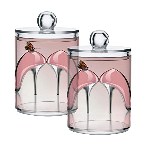 ALAZA 2pcs Pink High Heel Shoes Butterfly Qtip Holder Dispenser 14 oz Bathroom Storage Clear Apothecary Jars Containers Cotton Ball,Cotton Rounds,Floss Picks, Hair Clips, Food
