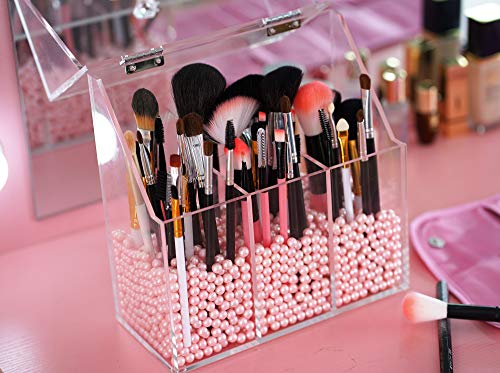 FOOCORDDY Covered Makeup Brush Holder with Dustproof Lid, Large Capacity Acrylic Clear Cosmetic Brush Storage Organizer for Vanity