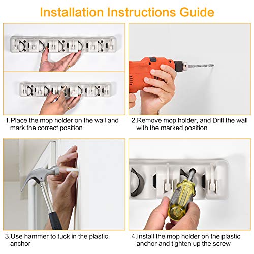 Champs Plastic Mop Broom Holder, Wall Mounted Commercial Organizer Storage Rack for Garden Tools, Kitchen, Garage and Laundry [5 Slots with 6 Hooks] White Grey