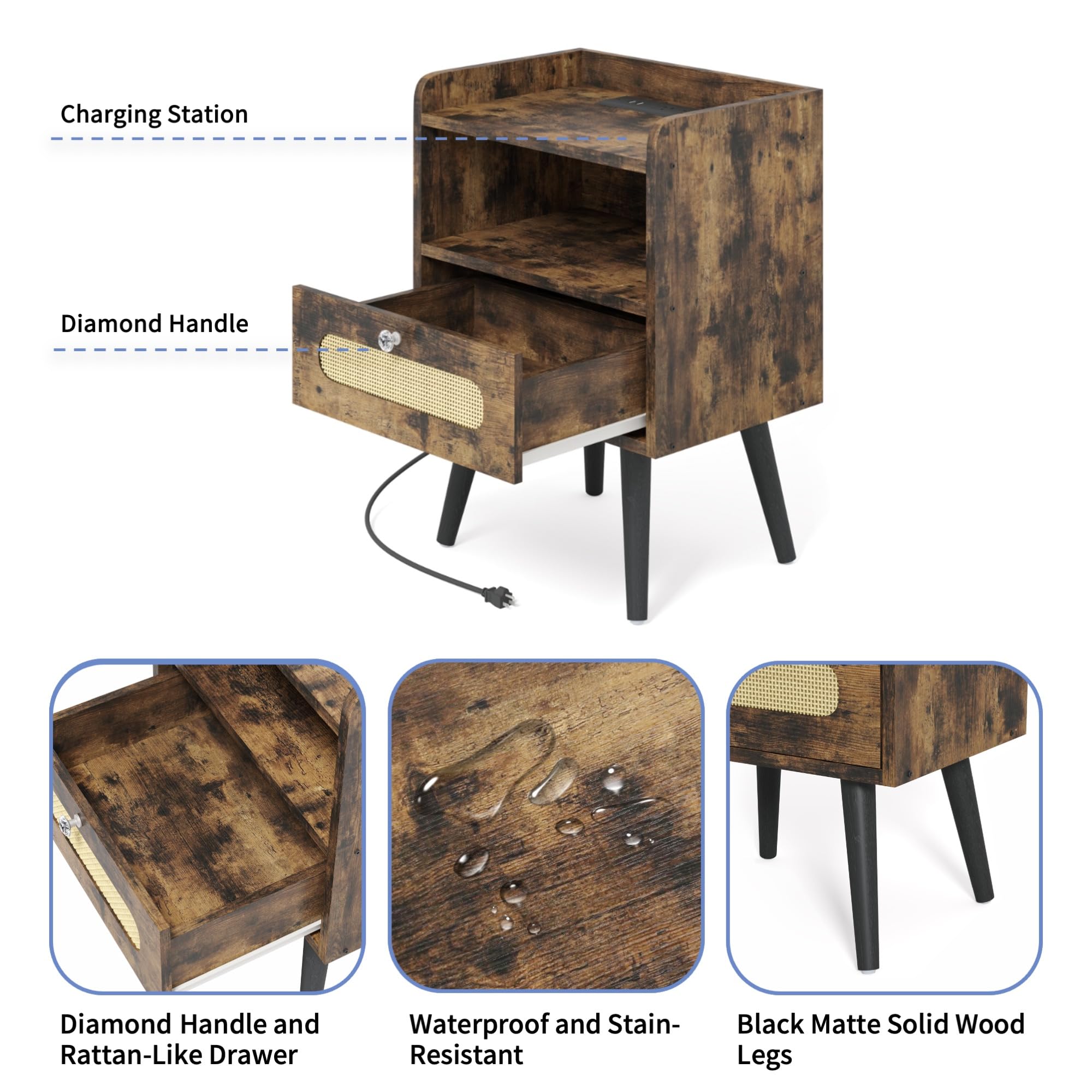 AGDULL Diamond Handle Nightstands Set of 2 with Charging Station, Bedside Table with Solid Wood Legs, End Table with Rattan Drawer, Rustic Brown