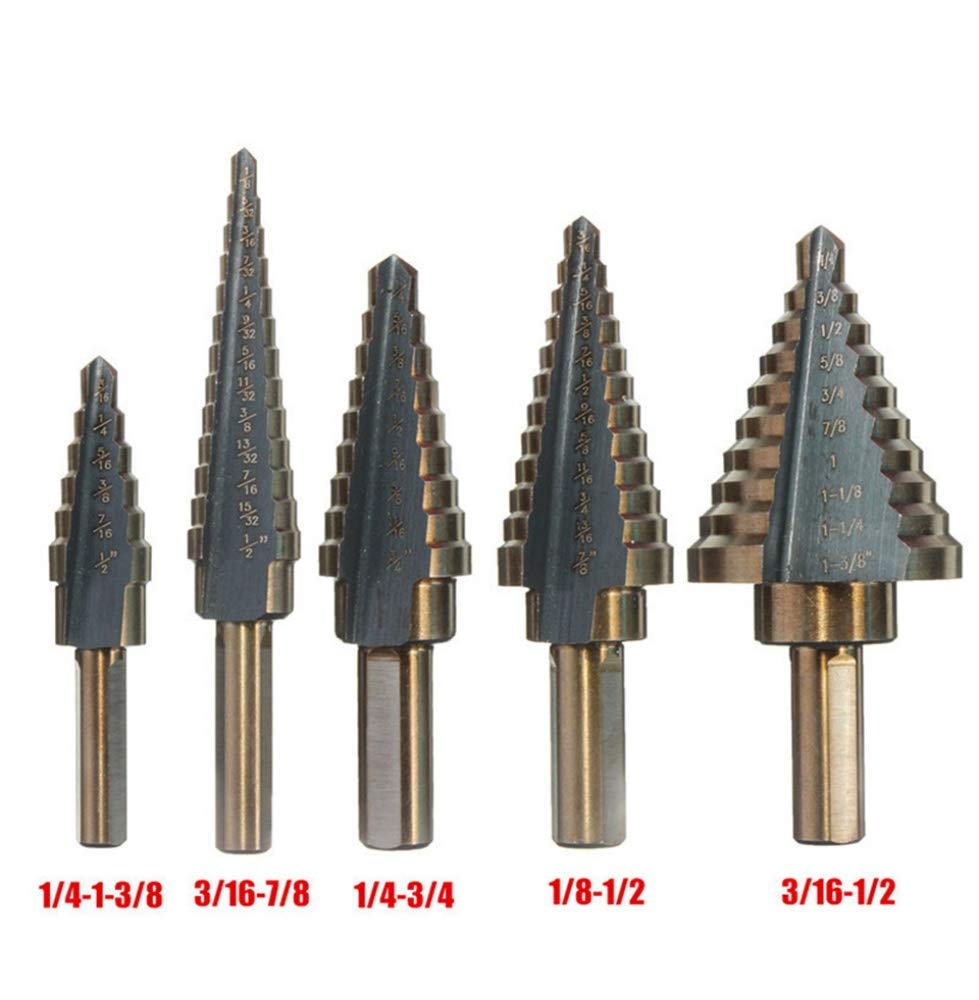 ArtisanShow 5PCS HSS Cobalt Step Drill Bit Set Multiple Hole 50 Sizes Cobalt Titanium Conical Cone Drill Hole Cutter Core Drill Bits with Aluminum Case