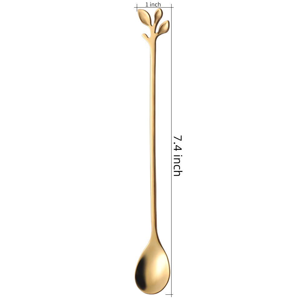 AnSaw Gold Leaf Handle Long Teaspoons - 7.4" Stainless Steel Coffee & Tea Stirring Spoons, Coffee Stir Spoon Set of 20