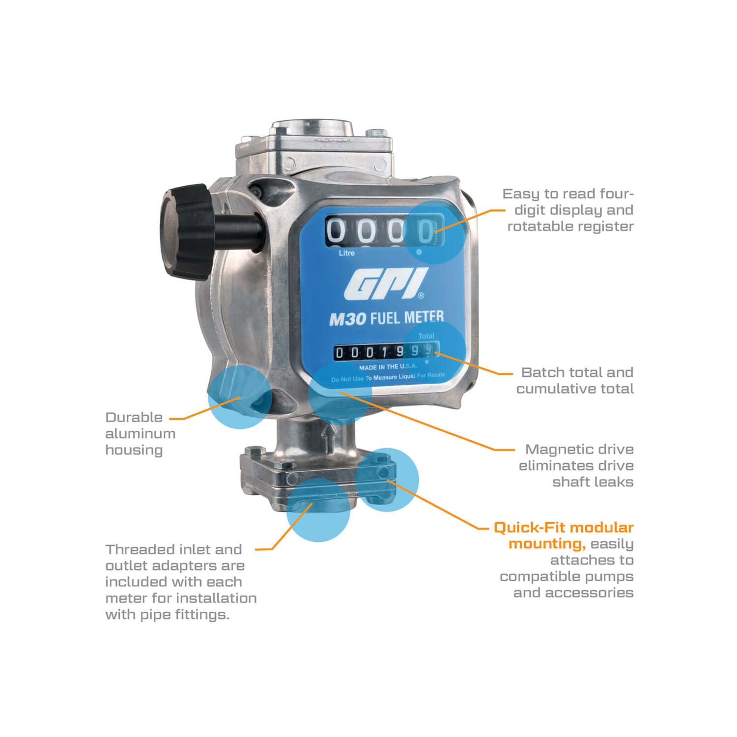 GPI - M30 Modular Mechanical Fuel Meter in litres, 19 to 114 litres/min, 1" NPT Inlet/Outlet (165100-02)