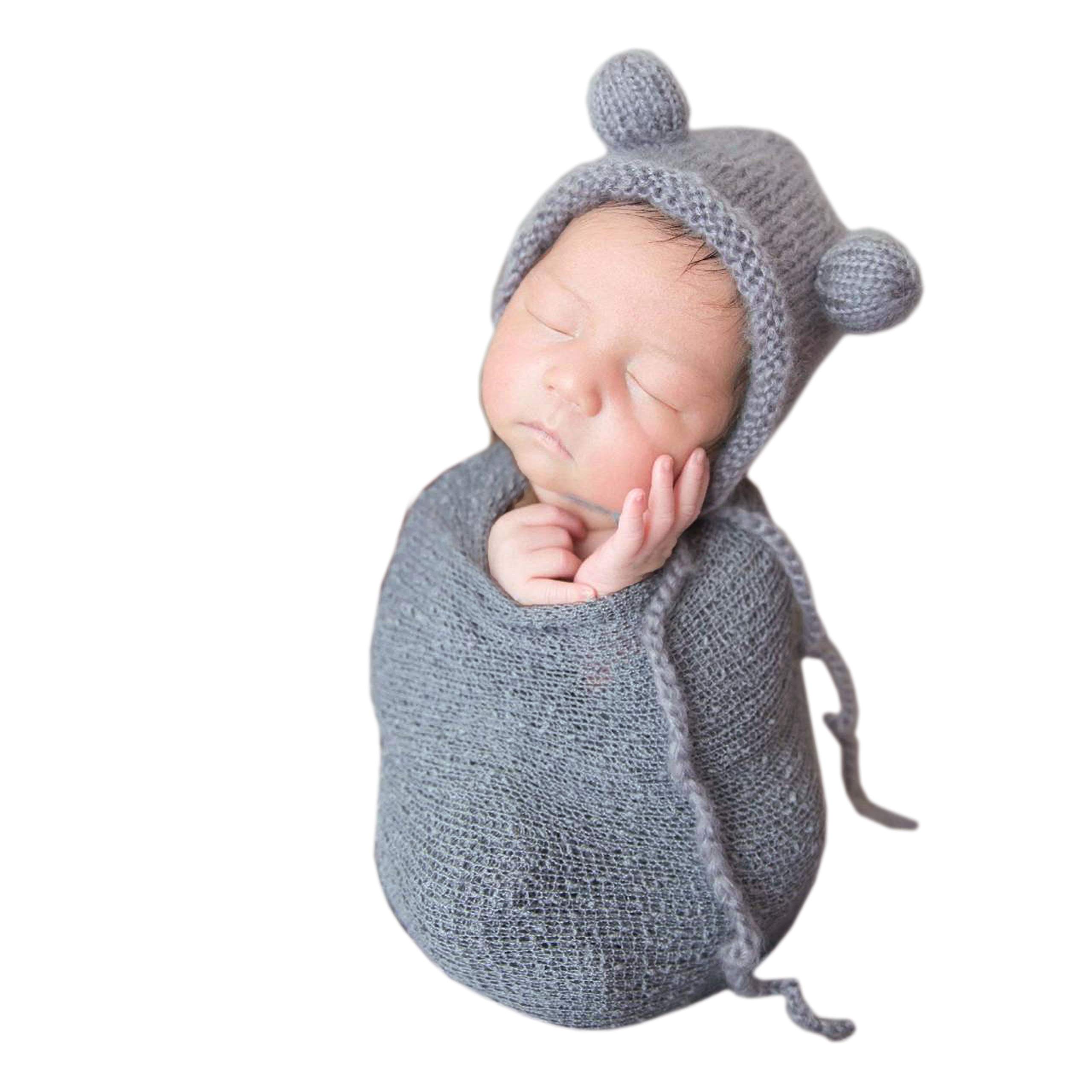 Zeroest Baby Photography Props Wrap Hat Newborn Photo Shoot Outfits Infant Photos Hats Blanket Set (Grey)
