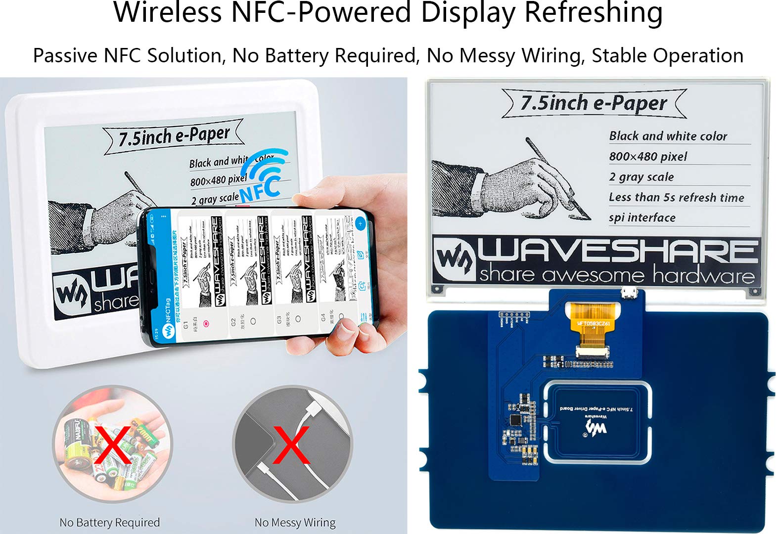 Waveshare 7.5inch Passive NFC-Powered e-Paper No Battery Required No Messy Wiring Novel Passive NFC Tech Wireless Powering & Data Transfer APP Provided 800X480 Pixel,Black& White Color