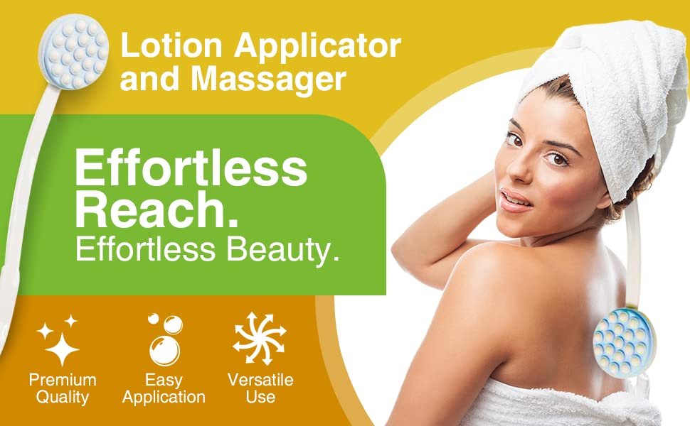 BodyHealt Lotion Applicator and Massager – Handheld Self Lotion Applicator for Back, Foot Lotion, Shower Gel, Tanning, Skin Cream & Sunscreen Lotion. Long Shower Bath Brush, Easily Roll-On Dispenser