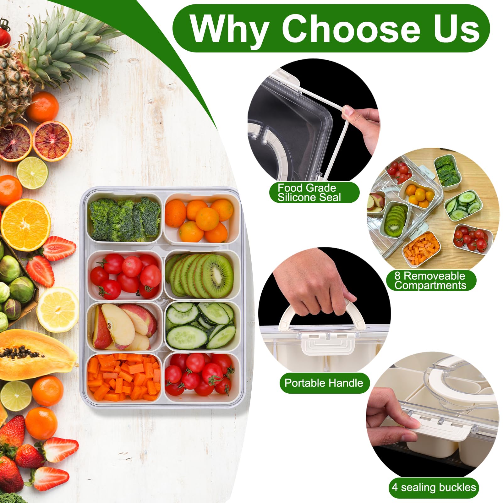 AIERSA Divided Serving Tray with Lid,8 Compartment Snack Tray,Travel Snackle Box Container for Picnic,Snack Box Container for Adults,Charcuterie Board with Lid,Snack Boxes for Fruit,Veggie