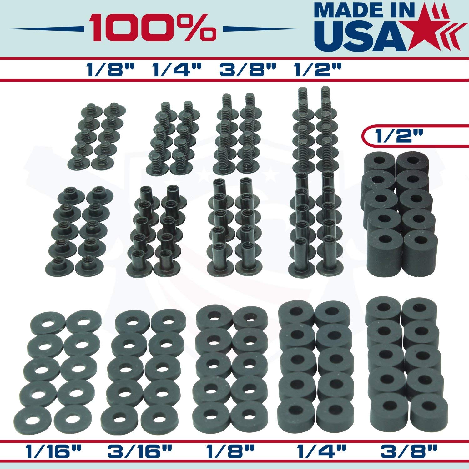 Black Chicago Screw - Thru Hole Binding Post Kit 1/8, 1/4, 3/8, 1/2 Inch Machine Screw Fasteners + Rubber Washers, QuickClipPro Kydex Leather Holster Sheath (1/8" - Flat Head 10 Pack DBL-Washer)
