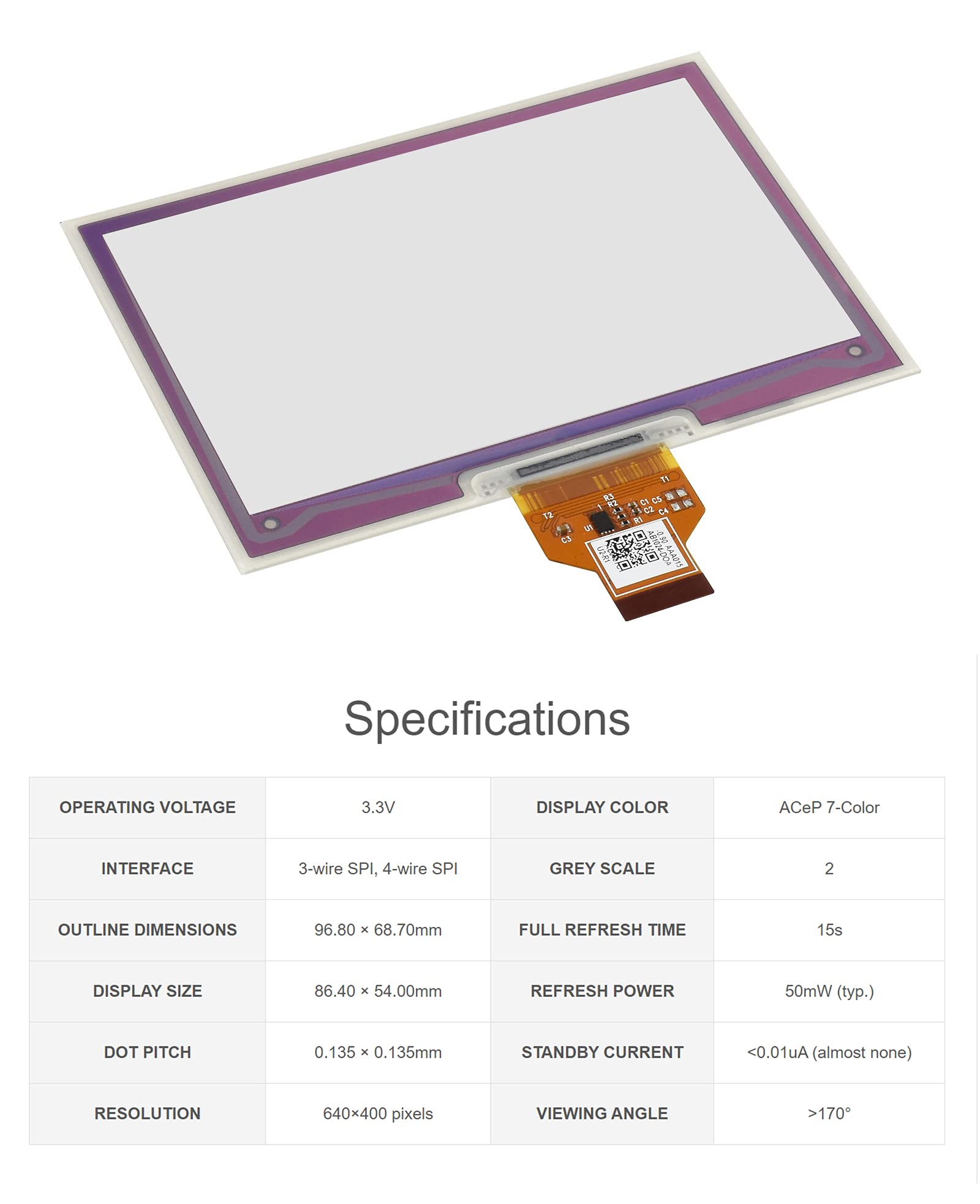waveshare 4.01 inch Colorful E-Paper E-Ink Display 640×400 ACeP 7-Color eink Raw Display 3.3V Advanced Color ePaper Screen Without PCB, SPI Interface
