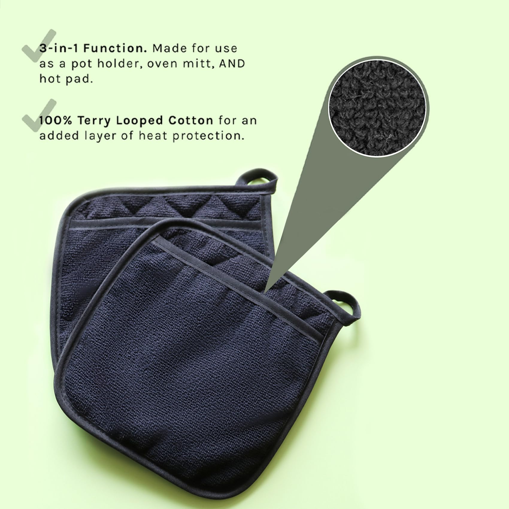 2Pcs Pot Holders Premium Terry Hot Pads Pot Holder for Kitchen Heat Resistant Cotton Potholders Oven Pot Holders Set for Cooking and Baking (Black)