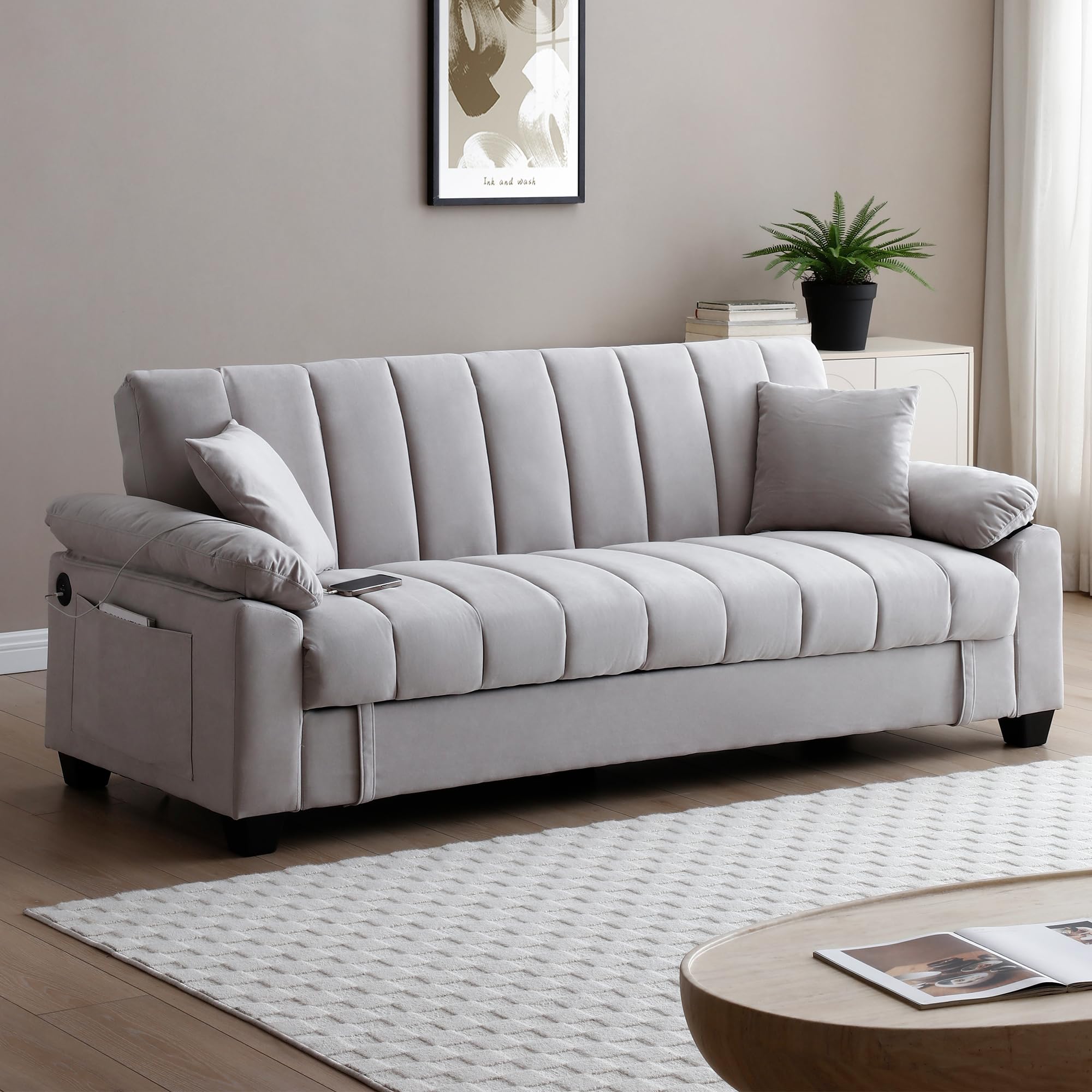 84’’ Convertible Futon for Living Room, Mid-Century Modern Velvet Sofa Bed with Spacious Storage, USB Port & Side Pocket, 3 Level Adjustable Backrest Couch for Small Spaces, Office, Dorm, Pearl Grey
