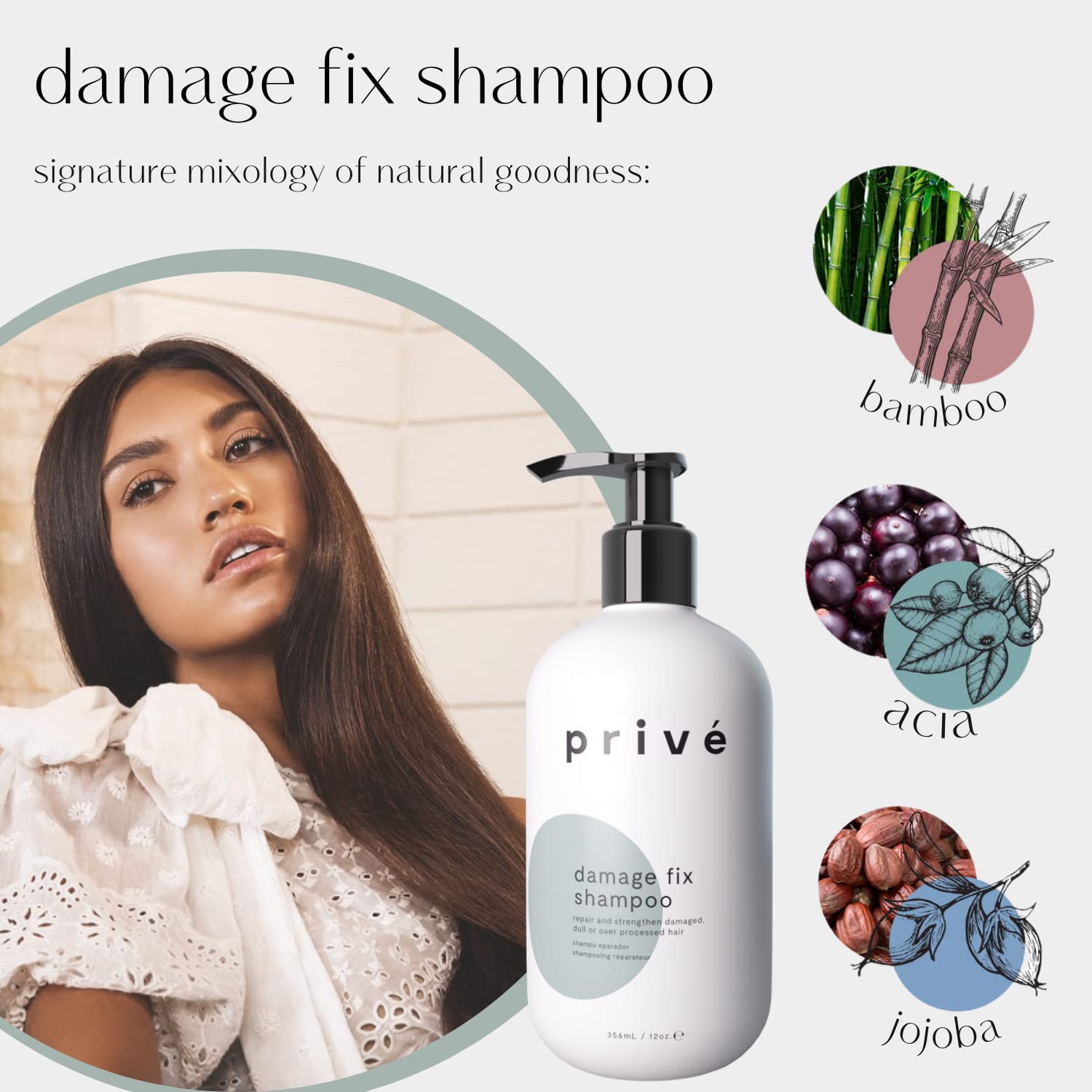 Prive Damage Fix Shampoo – Repair and Strengthen Damaged, Dull or Over Processed Hair from Within Natural Ingredients Vegan Cruelty-Free Color-Safe 12oz