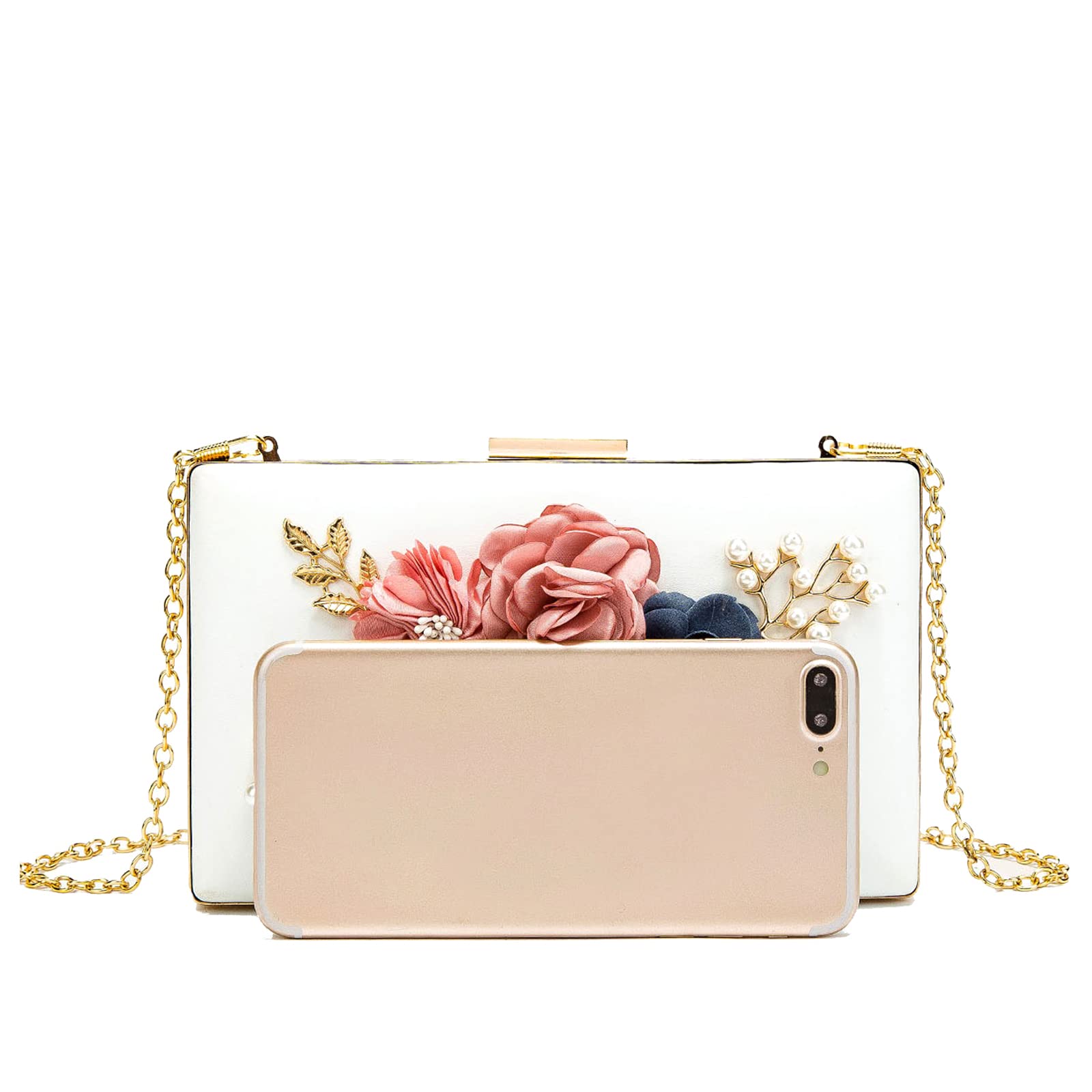 LETODE Women's Evening Bag Flower Wedding Evening Clutch Purse Bride Floral Clutch Bag Beaded Evening Shoulder Handbag (White)