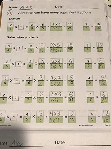Channie’s One Page A Day Workbook, Beginner Single Digit Fraction Math Practice Worksheets, 50 Pages Front & Back, 25 Sheets, Grades 3rd, 4th, and 5th, Size 8.5” x 11” Summer School, Summer Bridge