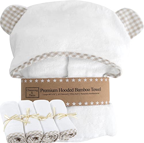 Channing & Yates Premium Hooded Baby Towel + (4 Piece) X-Large Washcloth Gift Bundle - Organic Bamboo Baby Towels and Washcloths- (Beige Gingham Bundle)…
