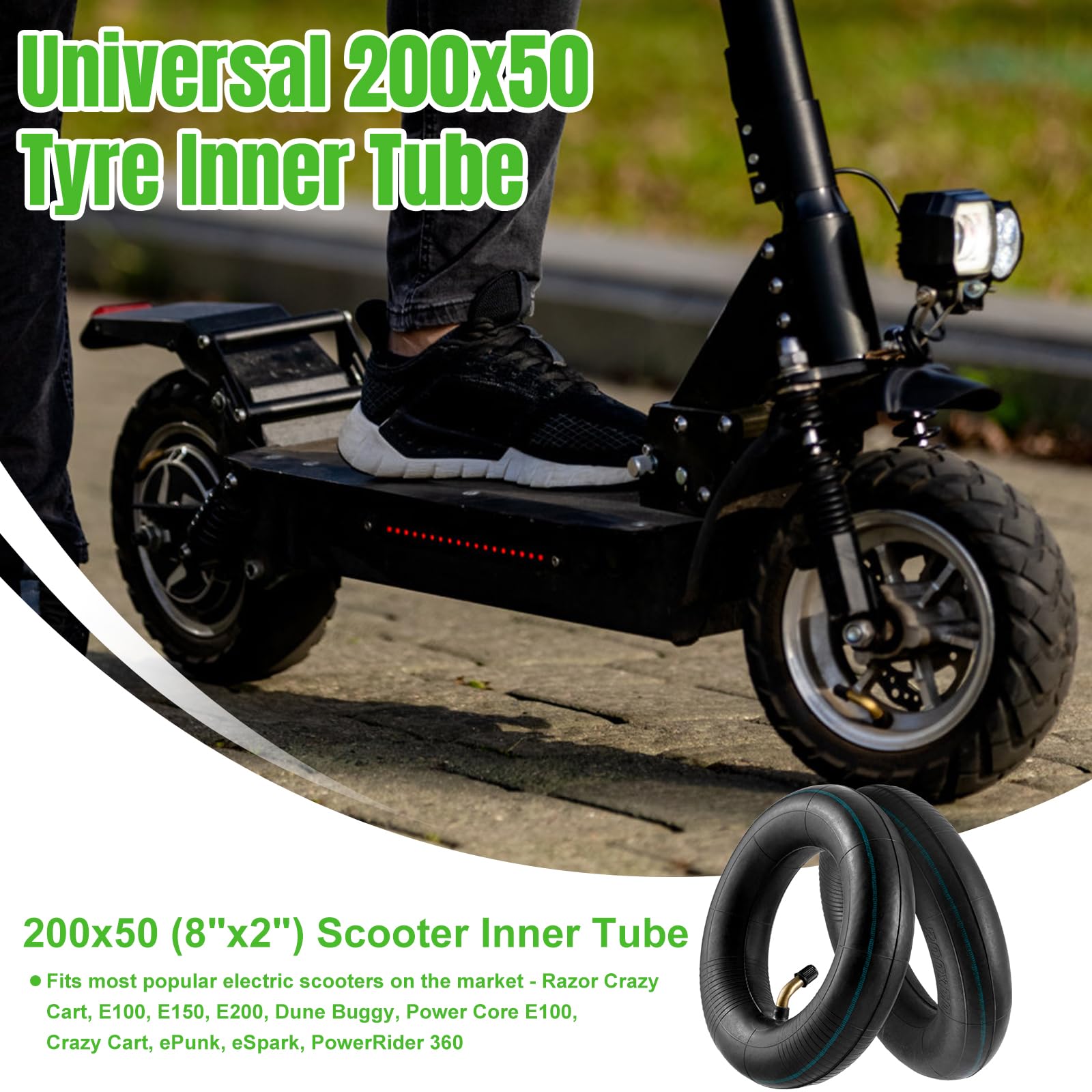 200x50" Replacement Tire Inner Tubes, 2 Pack Heavy Duty Electric Scooter Tire Inner Tube Compatible with Razor E100, E150, E200, Power Core E100, Dune Buggy, ePunk, Crazy Cart, PowerRider 360, eSpark