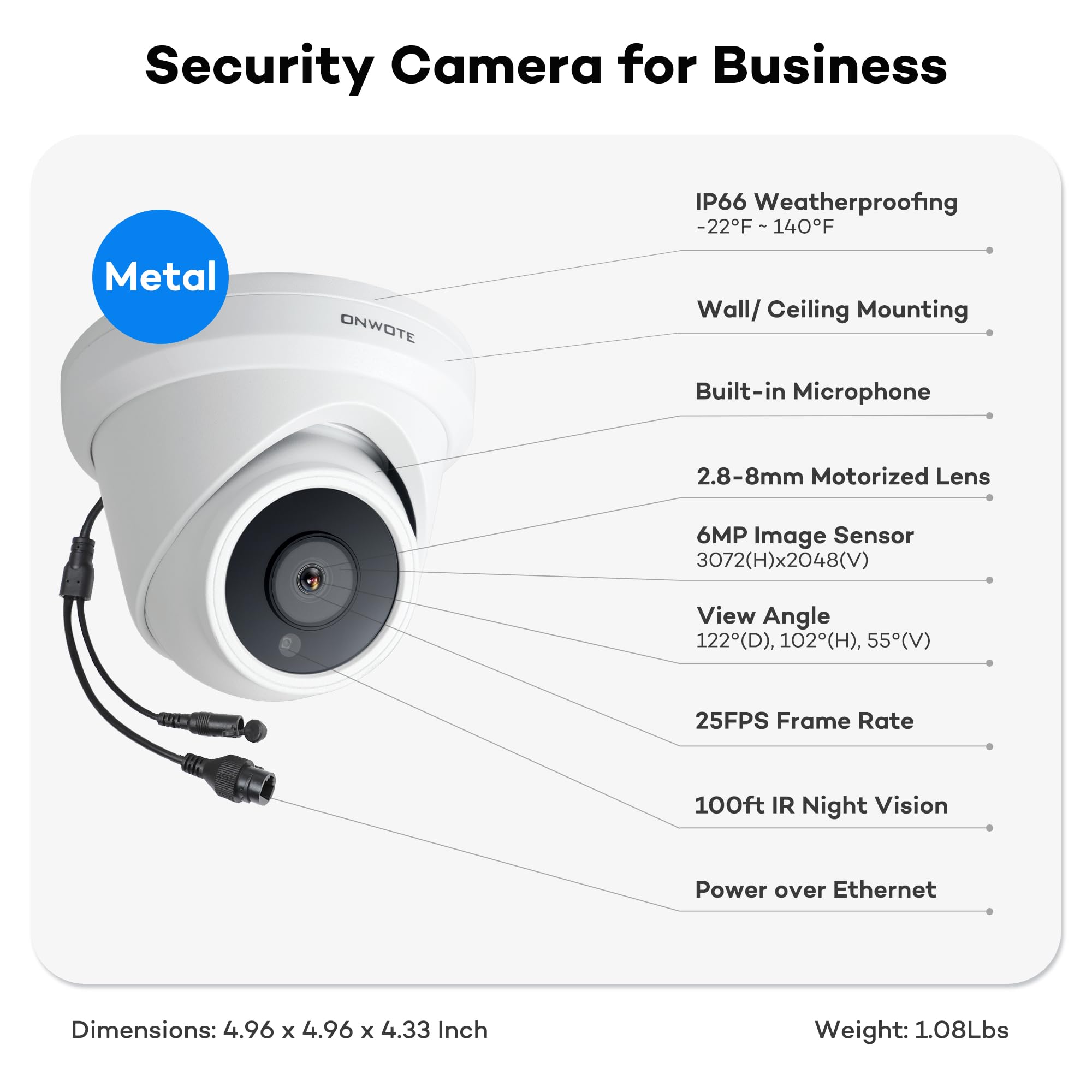 ONWOTE 6MP 3X Optical Zoom IP POE Security Camera with Audio, Outdoor Dome, 6 Megapixels 3072x2048 HD Camera, 2.8-8mm Motorized Lens, 100ft IR, IP66, Wide Angle, Add on Camera to PoE