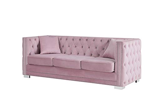 Iconic Home Christophe Sofa Velvet Upholstered Button Tufted Nailhead Trim Shelter Arm Design Silver Tone Metal Block Legs Modern Transitional, Pink