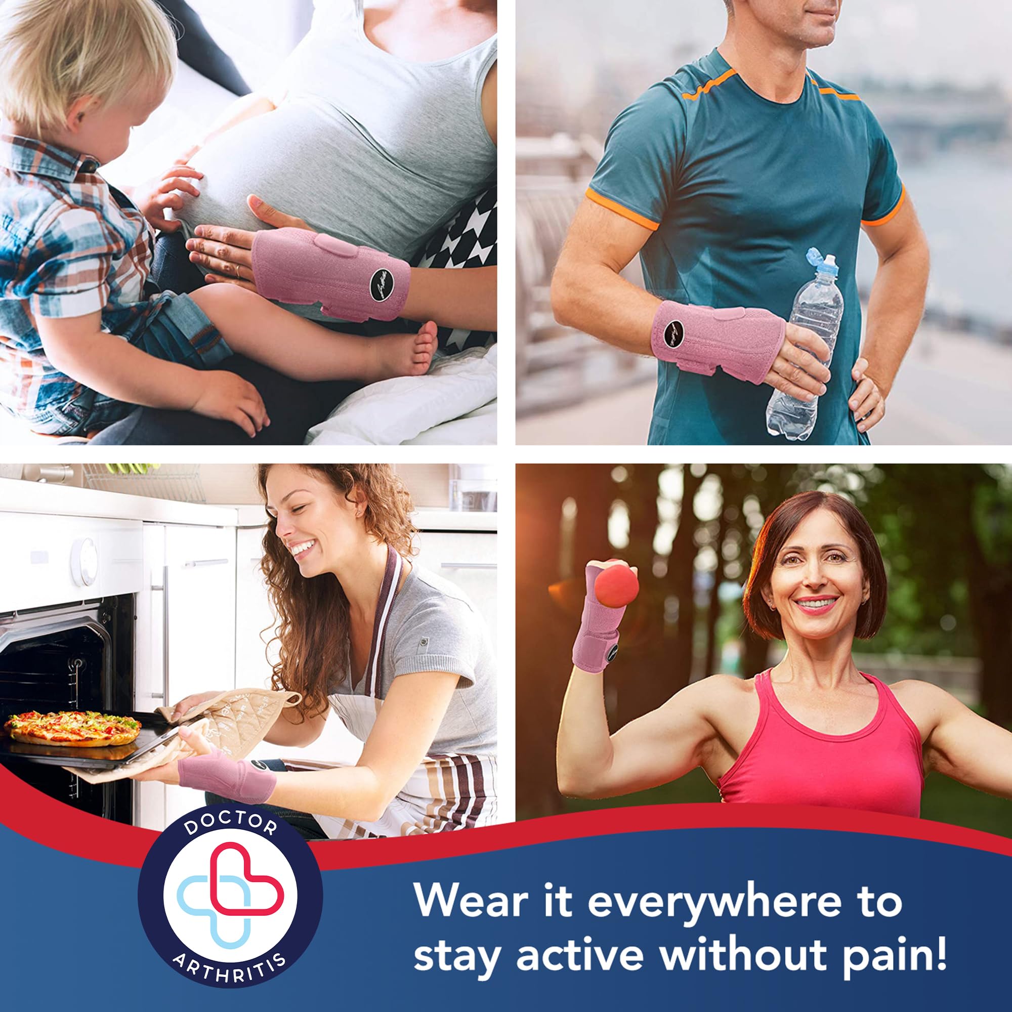Dr. Arthritis Doctor Developed Fitted Wrist Brace for Carpal Tunnel Syndrome, Tendonitis and other Wrist Conditions, Splint Support Single (Pink, Left Hand)